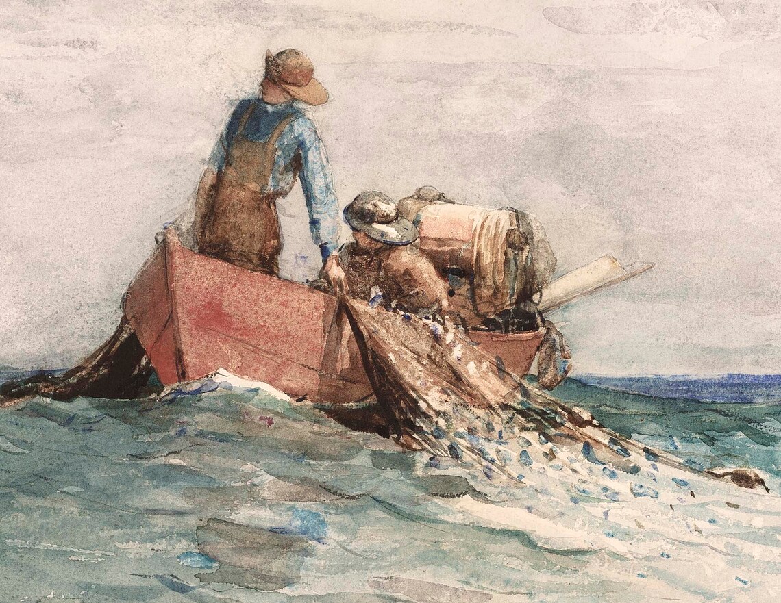 Vintage Fishing Boat Seascape Coastal Wall Art Painting Blue - Etsy