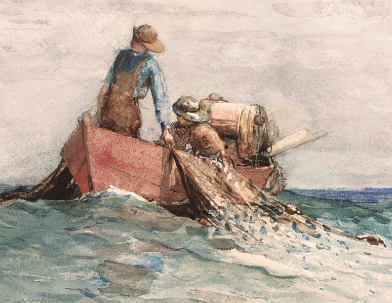 Vintage Fishing Boat Seascape Coastal Wall Art Painting Blue Aqua Sea ...