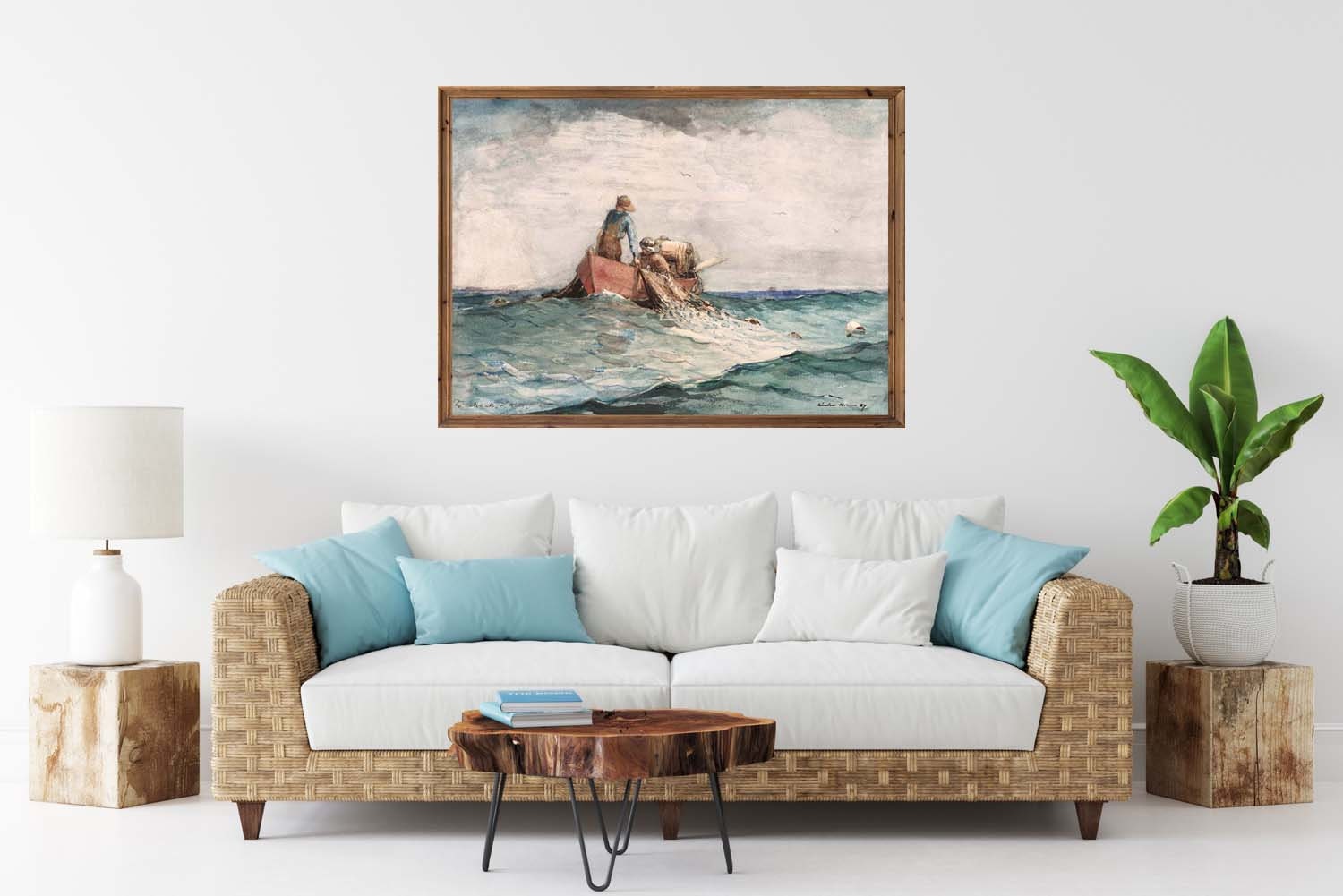 Vintage Fishing Boat Seascape Coastal Wall Art Painting Blue Aqua Sea ...