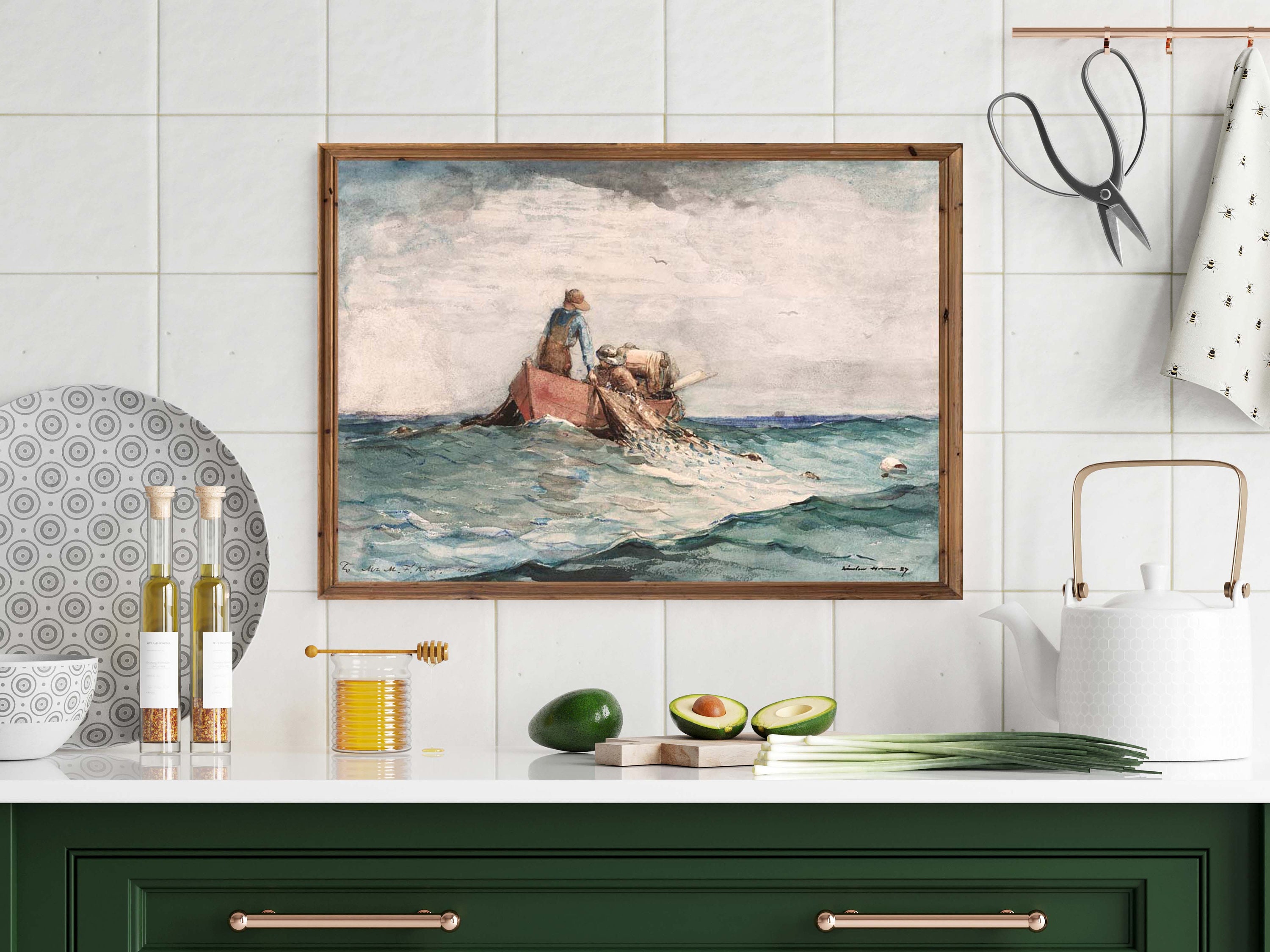 Vintage Fishing Boat Seascape Coastal Wall Art Painting Blue Aqua Sea ...