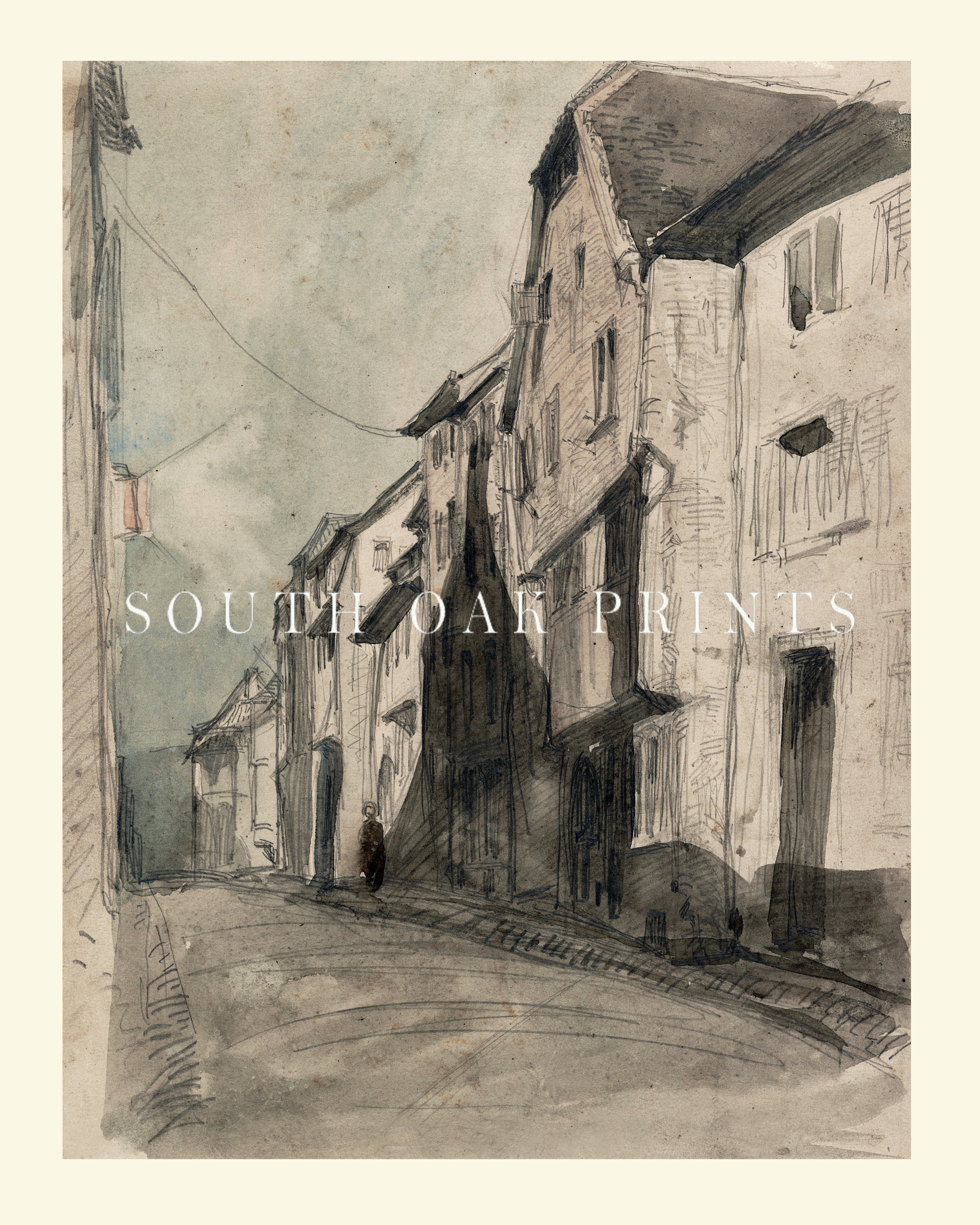 Vintage Village Sketch Drawing PRINTABLE Neutral Farmhouse Country ...