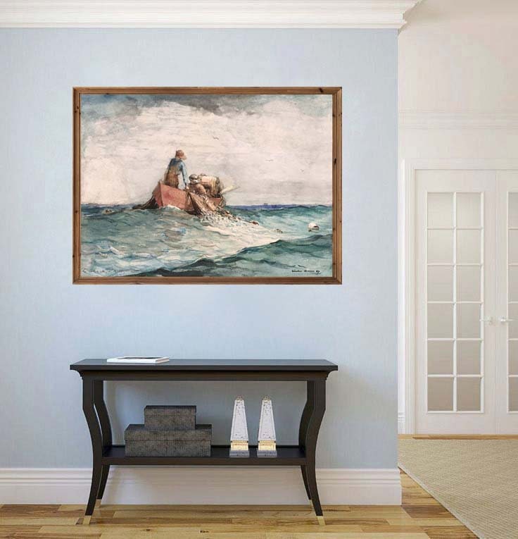 Vintage Fishing Boat Seascape Coastal Wall Art Painting Blue Aqua Sea ...