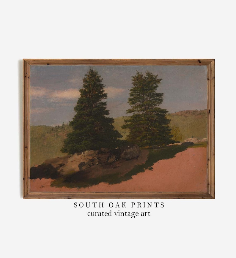 Rustic Pine Tree Vintage Landscape Painting Wall Art Print Digital ...