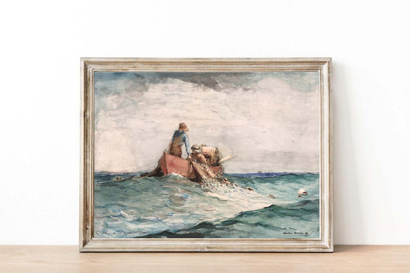 Vintage Fishing Boat Seascape Coastal Wall Art Painting Blue Aqua Sea ...