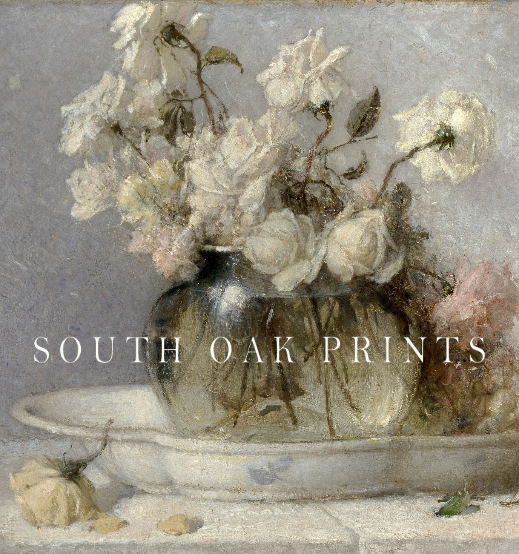 Vintage Roses Still Life Painting Antique White Flowers Wall Art ...