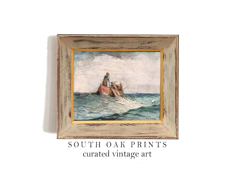 Vintage Fishing Boat Seascape Coastal Wall Art Painting Blue Aqua Sea ...