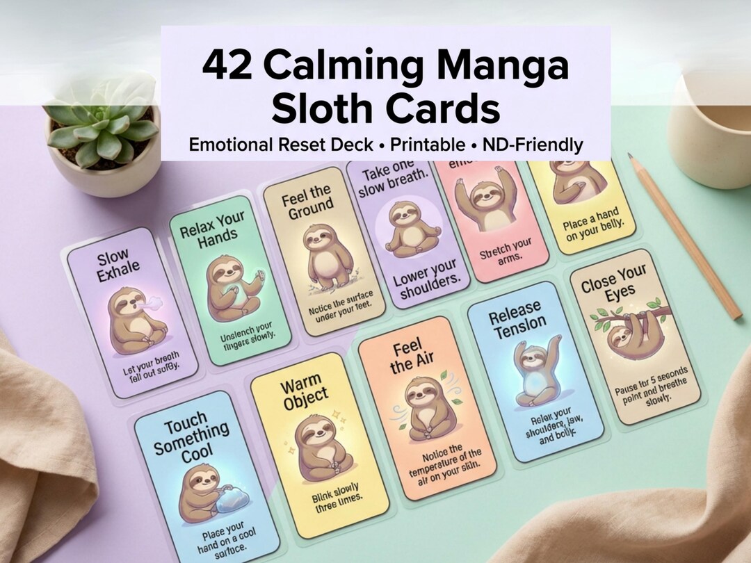 42 Calming Manga Sloth Reset Cards, Emotional Reset Deck, Nd-friendly ...