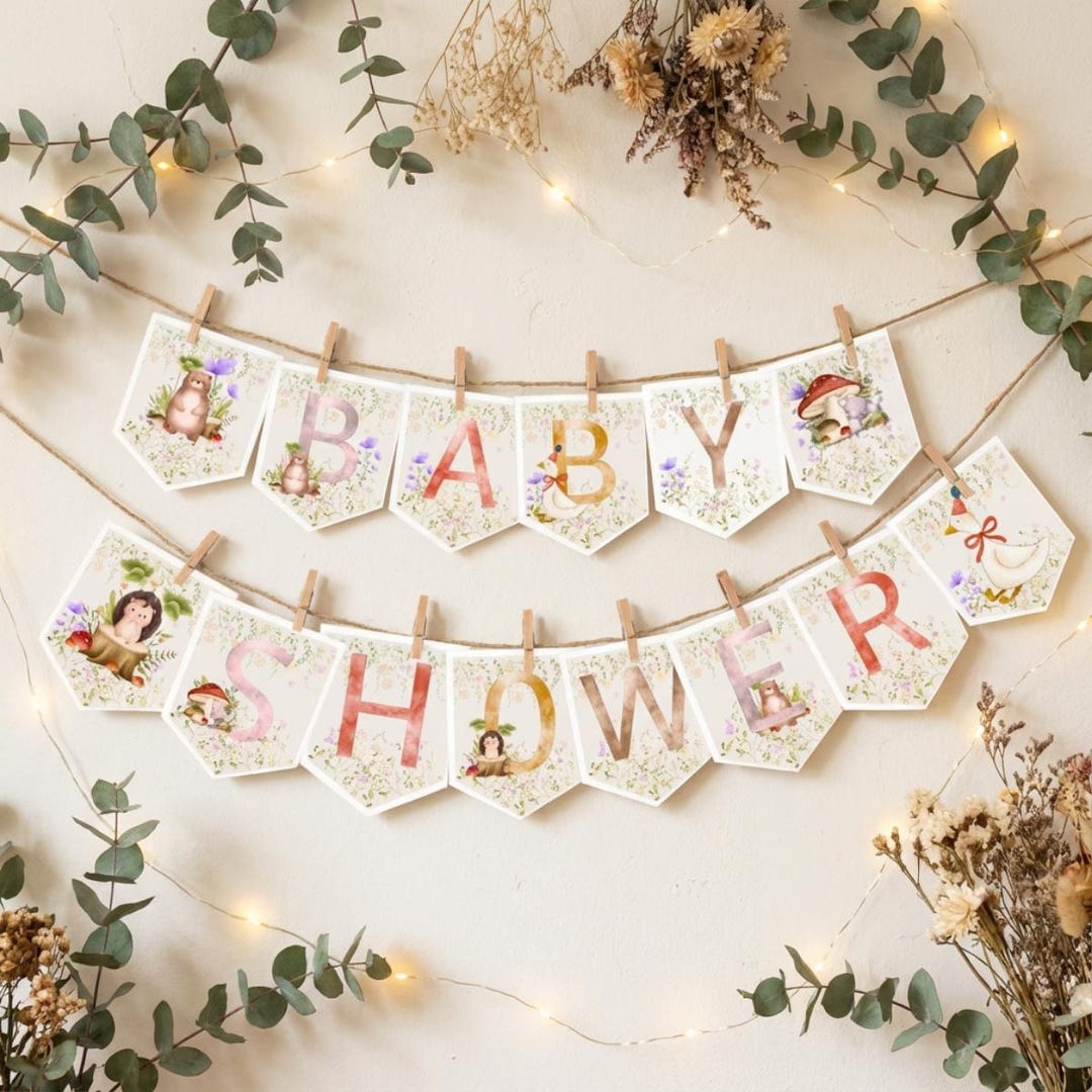 Baby Shower Printable Garland, Woodland Animals & Flowers Gender Reveal ...
