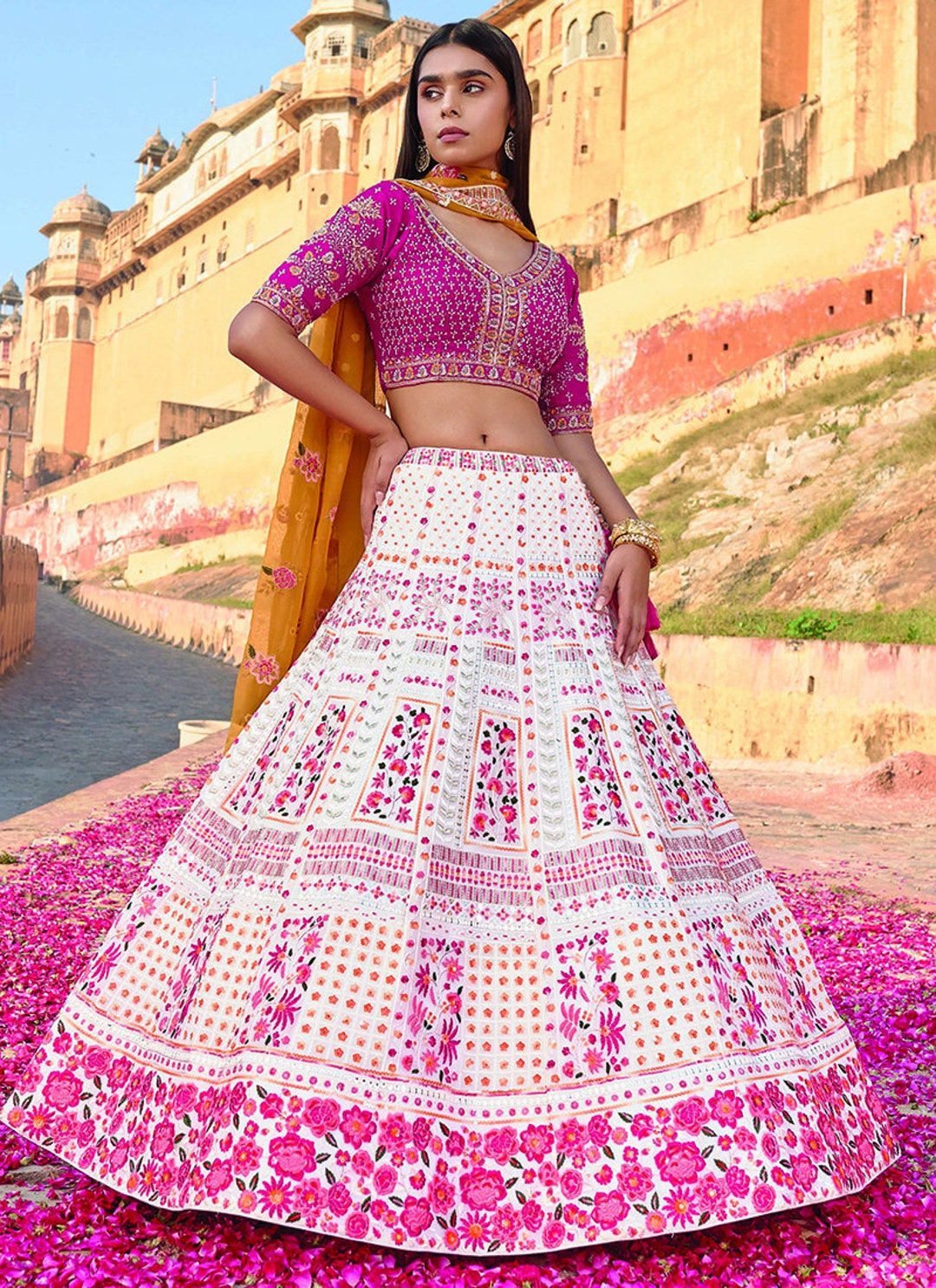 Bridal Wear Pink Embroidery Work Pure Georgette Ready to Wear Lehenga ...