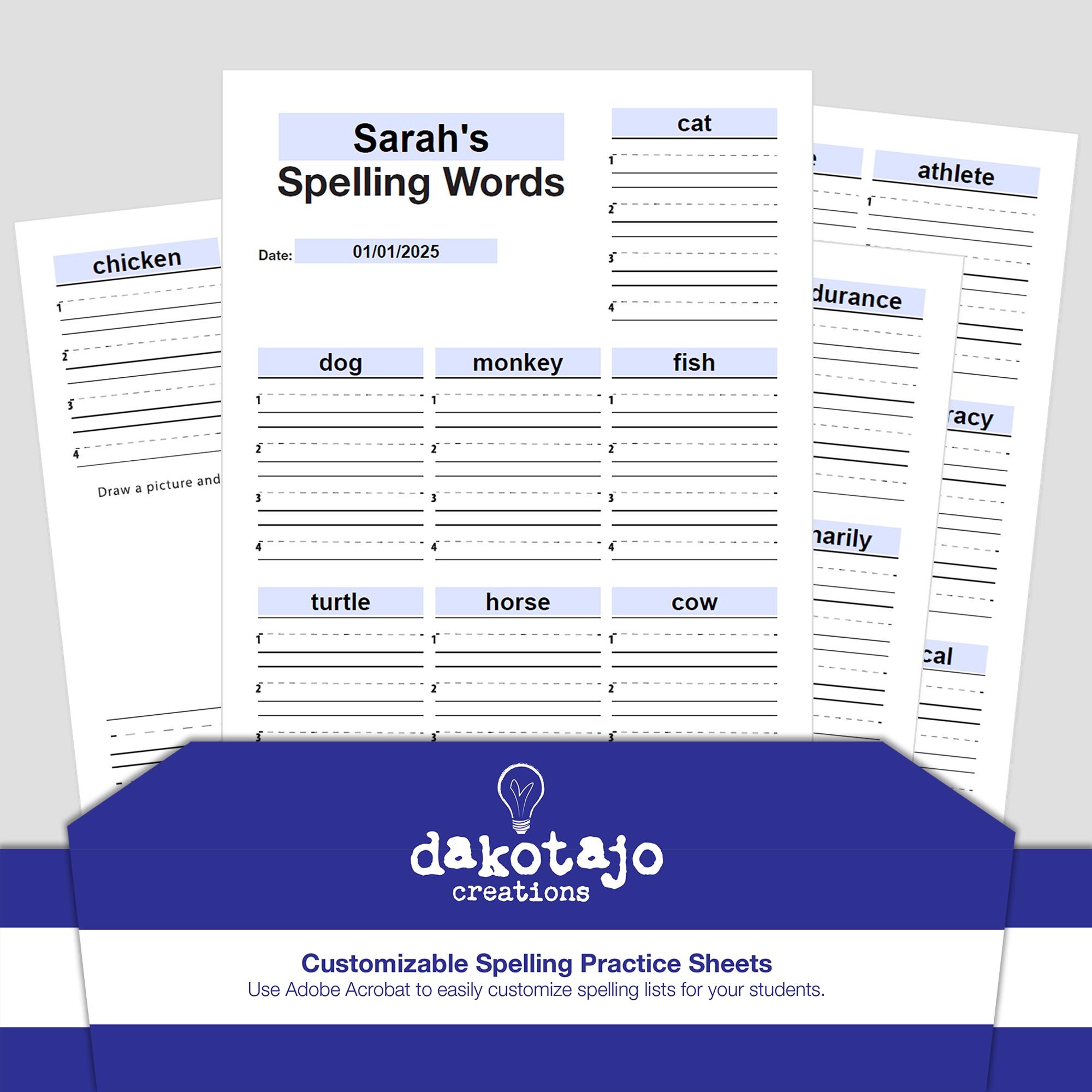 Customizable Spelling Practice Sheets for Kids - 10 & 25 Word Lists ...