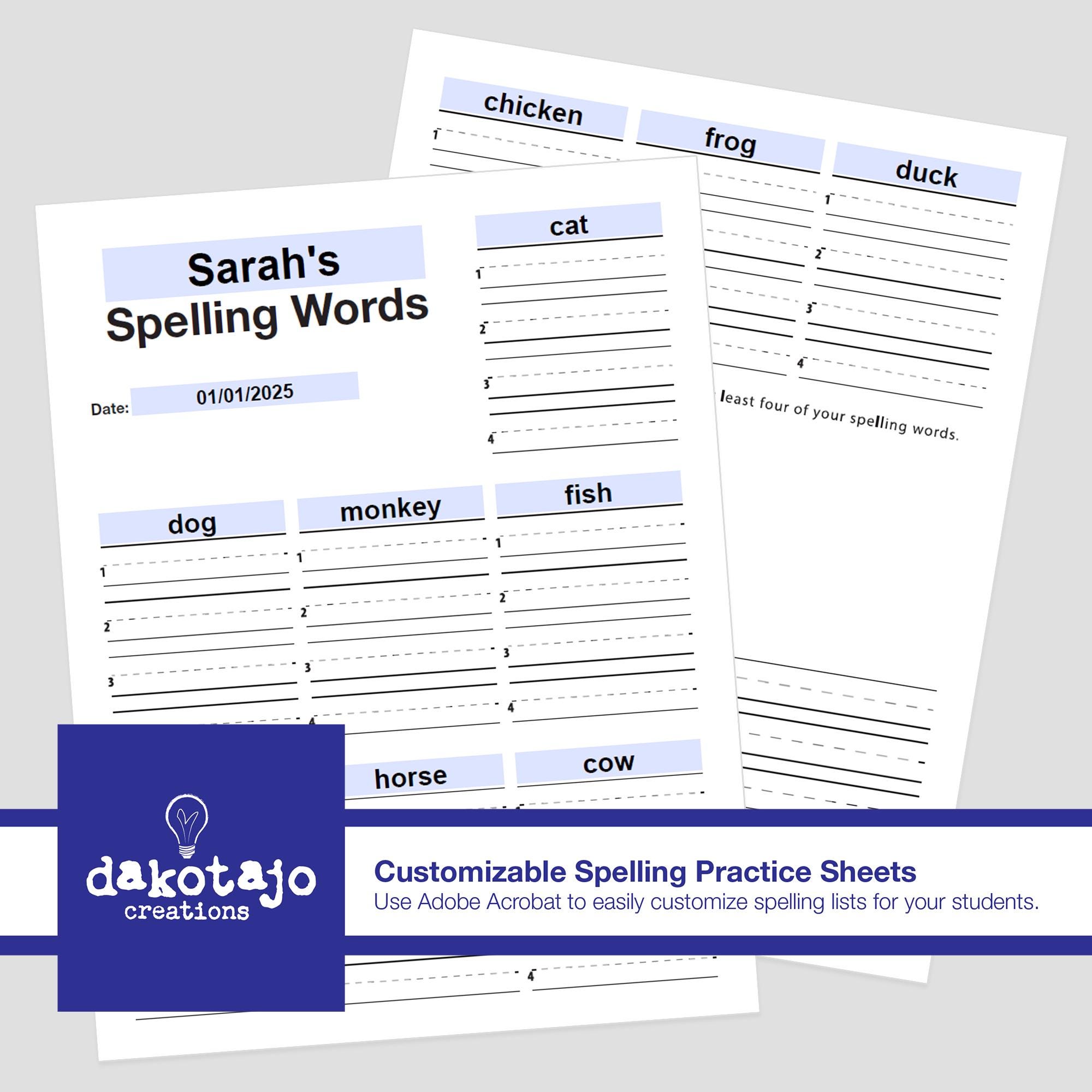 Customizable Spelling Practice Sheets for Kids - 10 & 25 Word Lists ...