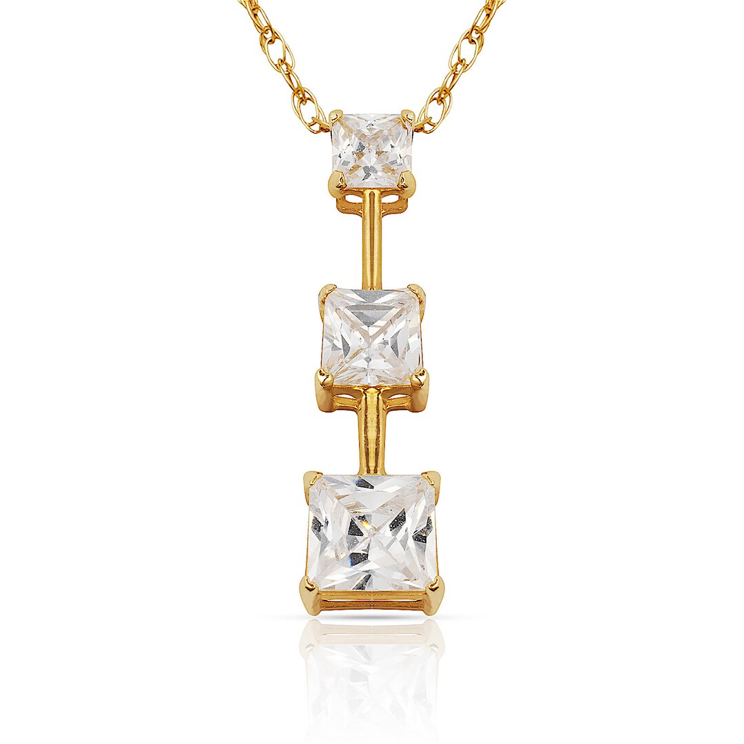 1.50CT Princess Cut Simulated Diamonds Three Stone Pendant Solid 14K ...