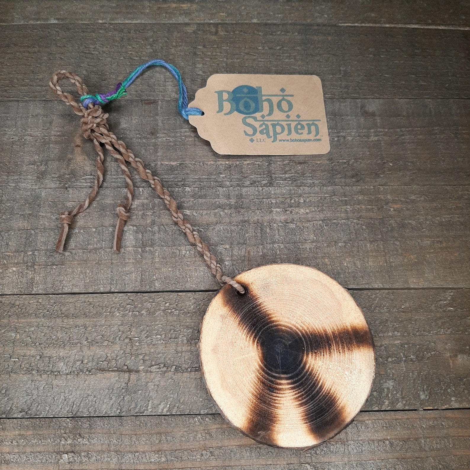 Boho Sapien Peace Sign Tree Slice Natural Wall Hanging Leather Hanger ...