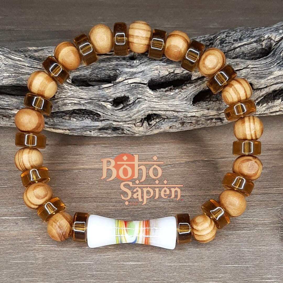 Boho Sapien Olive Wood and Amber Glass 70's Vibe Hourglass Stretch ...