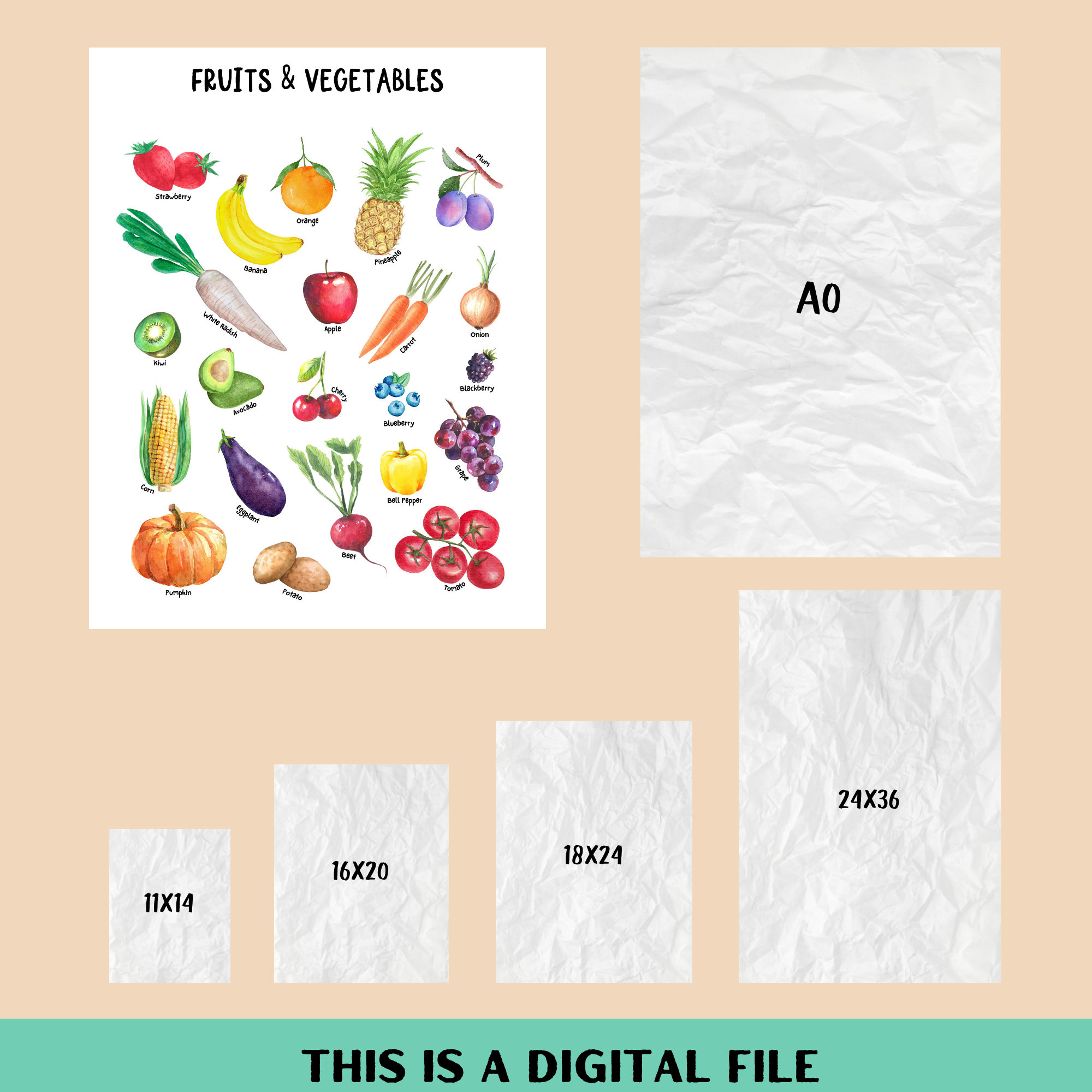 Educational Fruit and Vegetable Poster, Printable Fruit and Vegetable ...