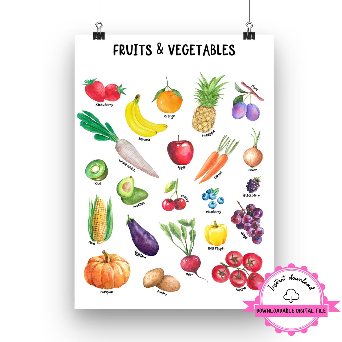 Educational Fruit and Vegetable Poster, Printable Fruit and Vegetable ...