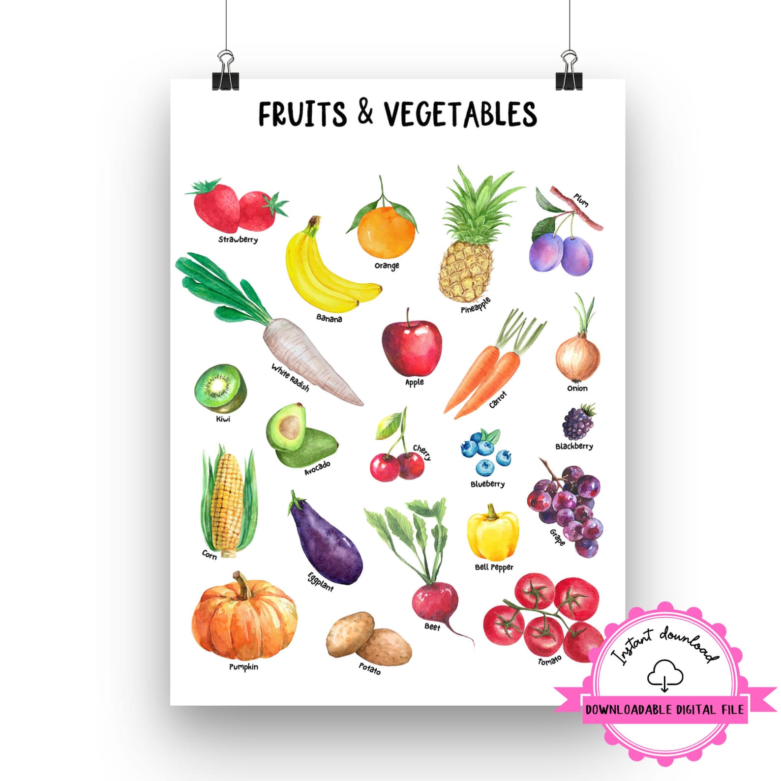 Educational Fruit and Vegetable Poster, Printable Fruit and Vegetable ...