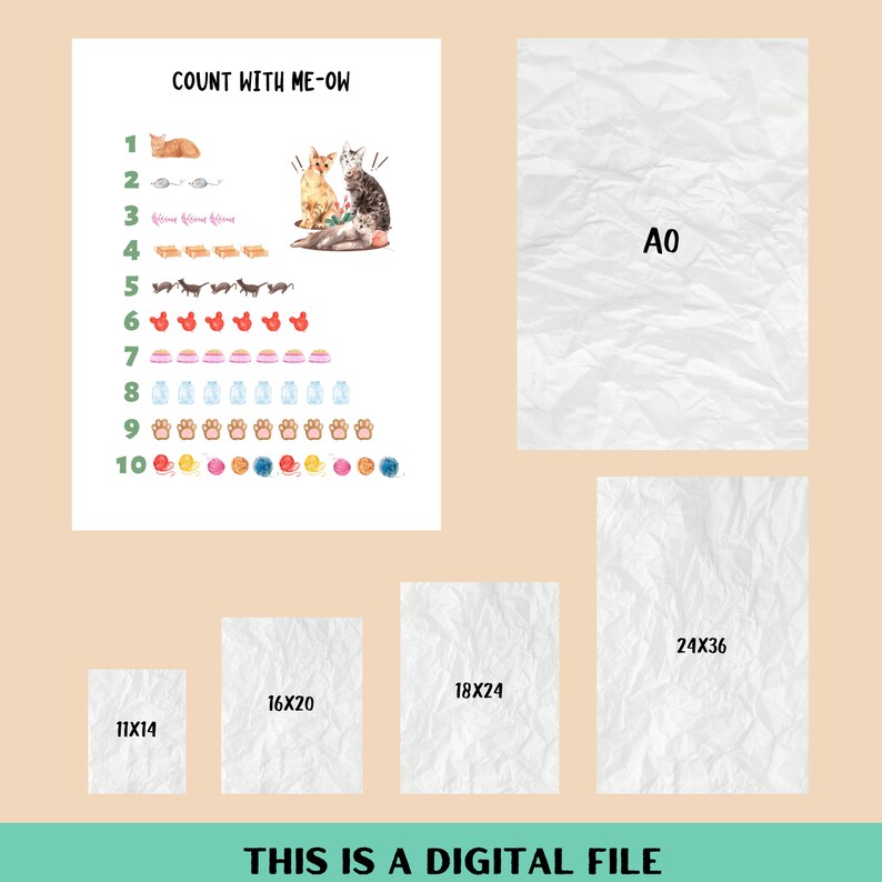 Educational Number Poster Cat Wall Art Preschool Printable | Etsy