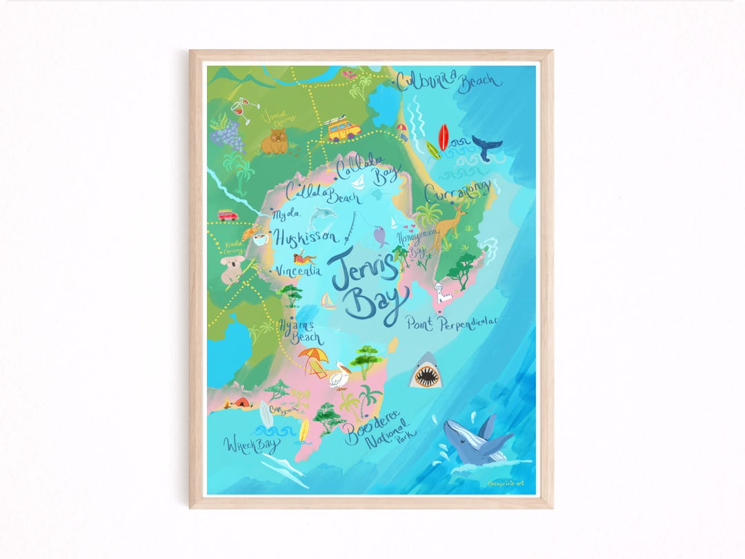 Jervis Bay Map, Australia Art Print, Huskisson Ocean Art, Beach Art ...
