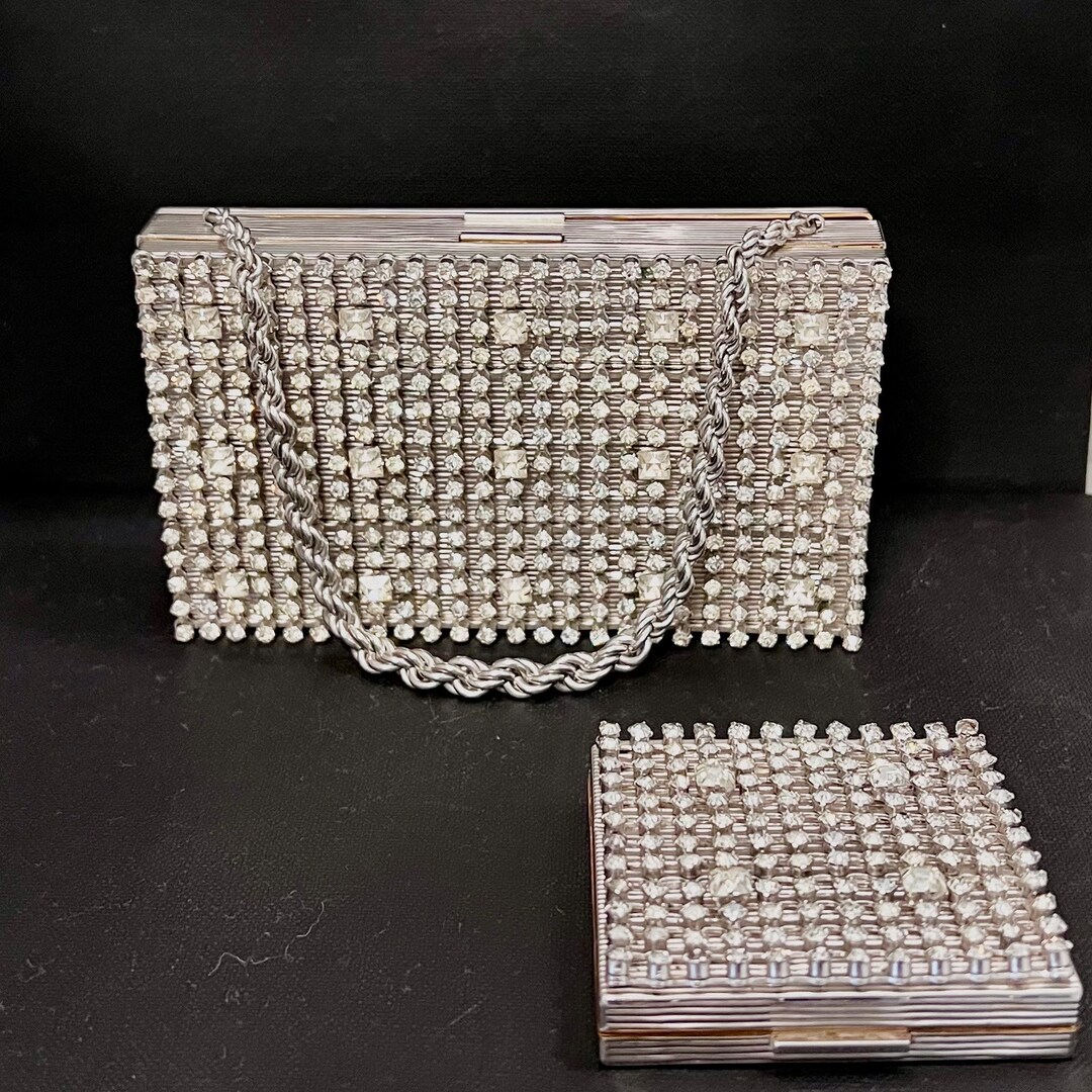 RARE Vintage Evans Silver Rhinestone Minaudière / Matching Compact Case ...