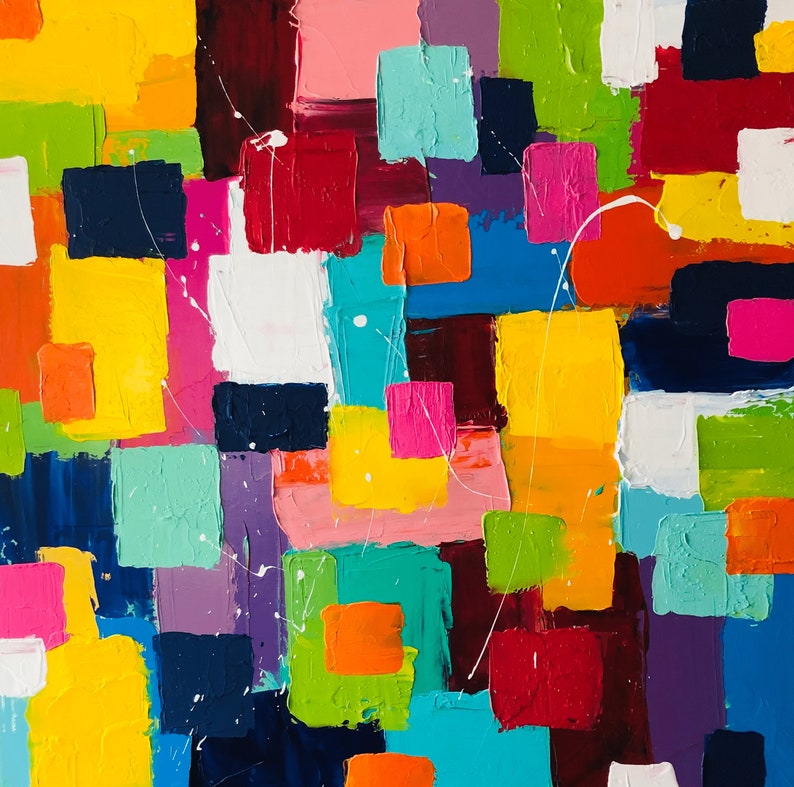 Bright Multi Color Block Abstract Canvas Art Heavy Acrylic Texture Art ...