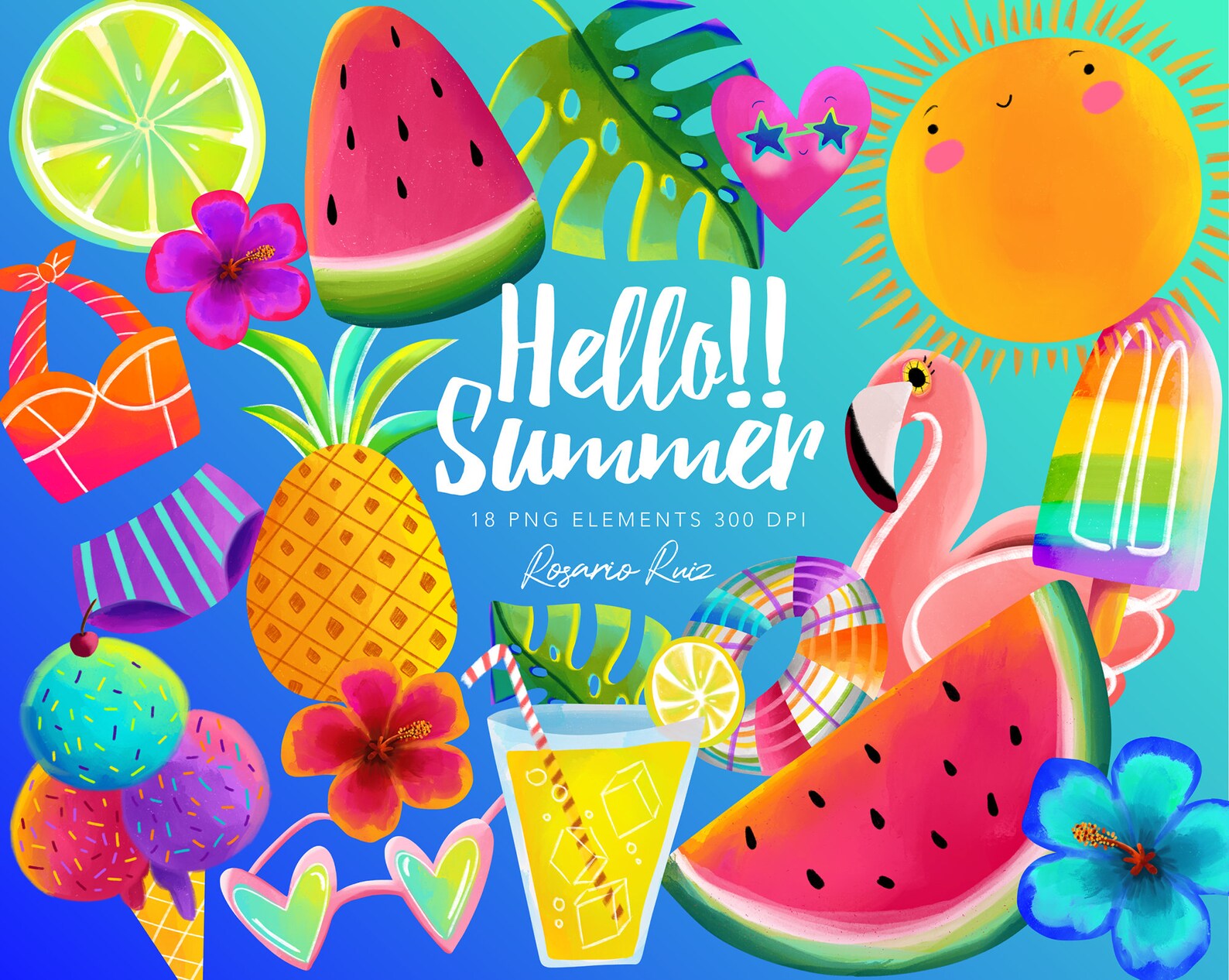 Summer Clipart, Cute Sun Clip Art Summer Printable Clip Art Flamingo ...