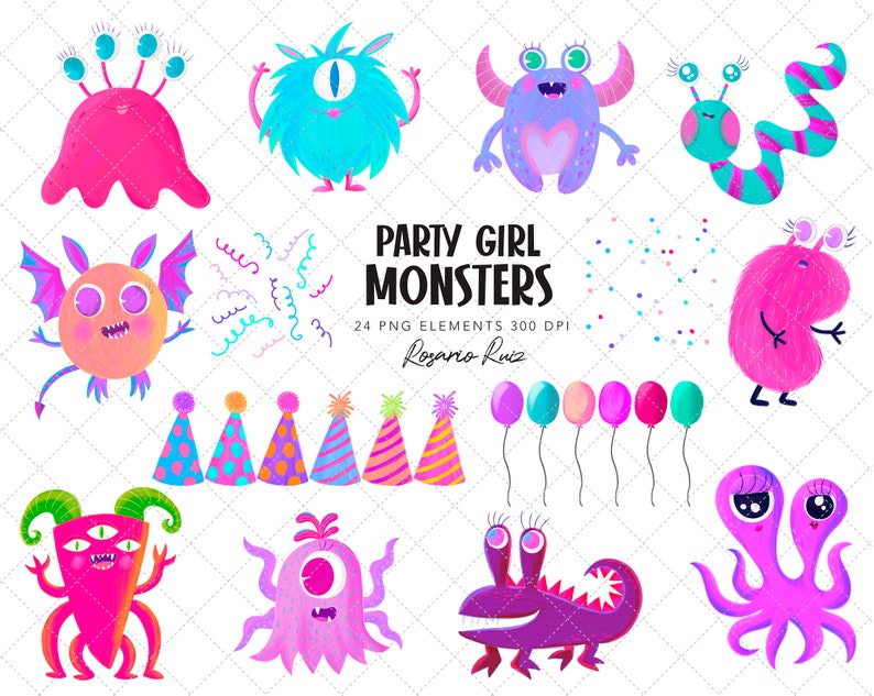 Girly Monsters Clipart Set, Cute Monsters Clip Art, Party Pink Monsters ...