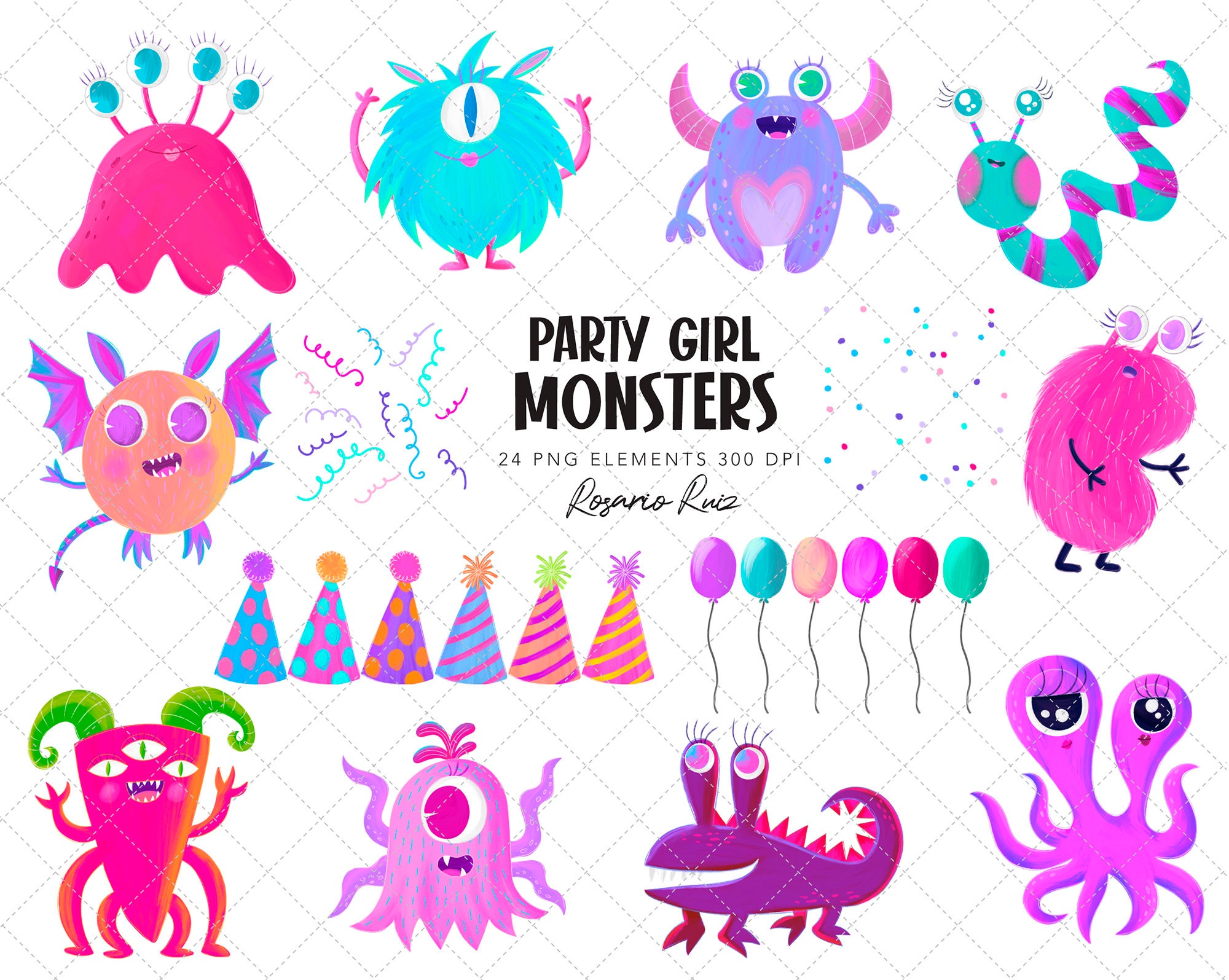 Girly Monsters Clipart Set, Cute Monsters Clip Art, Party Pink Monsters ...
