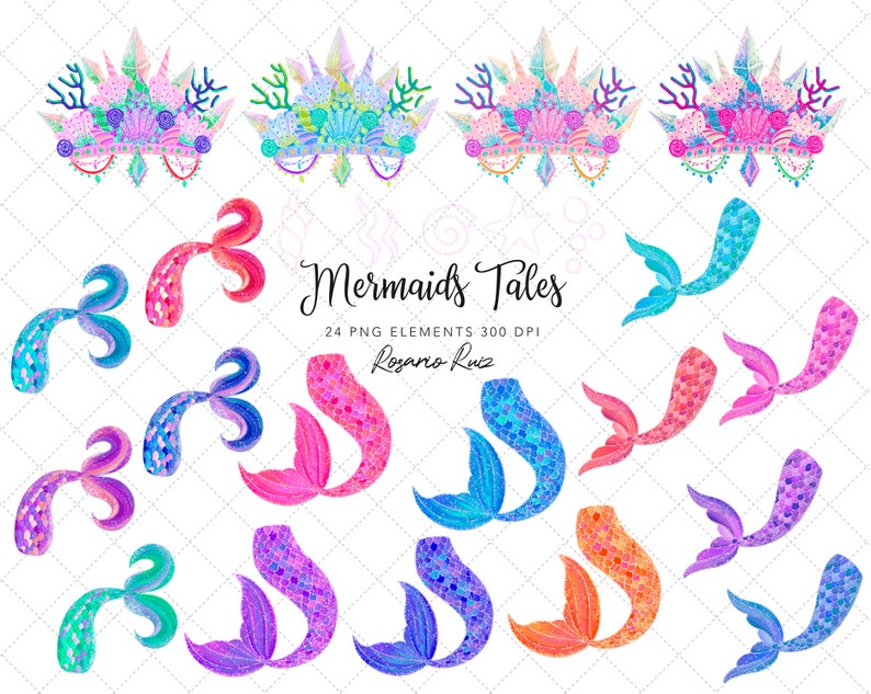 Mermaid Clipart Tails Mermaid Glitter Clipart Mermaid Crowns Princess ...