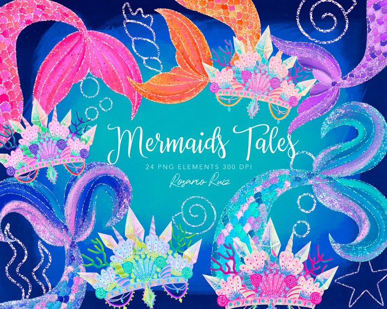 Mermaid Clipart Tails Mermaid Glitter Clipart Mermaid Crowns Princess ...