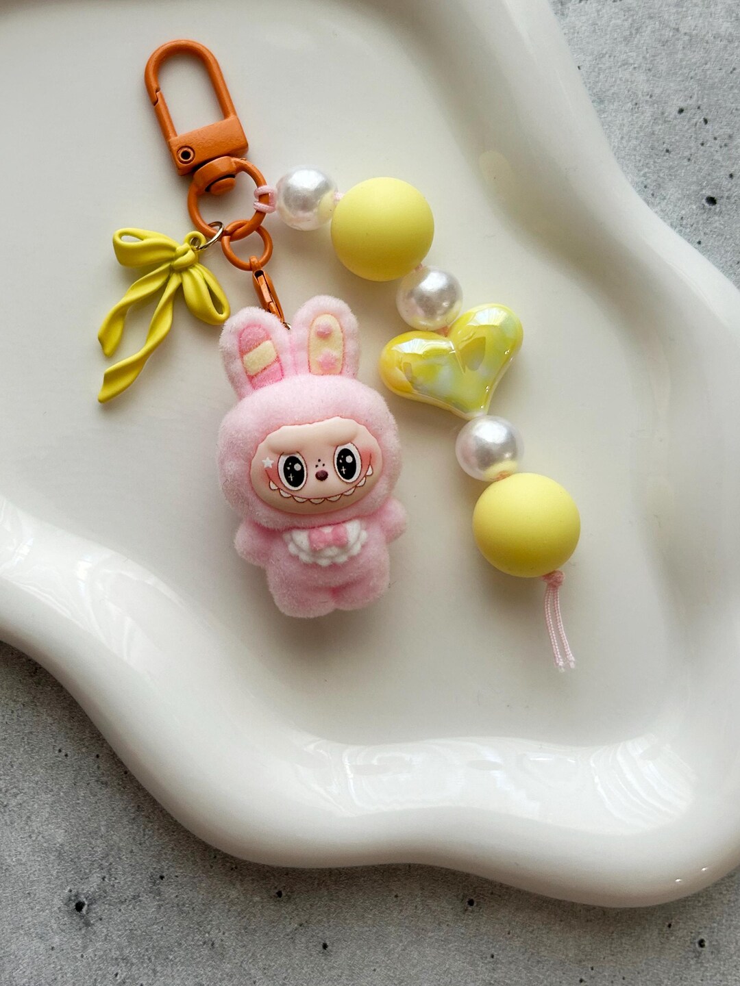 Yellow Heart and Pearl Bead Keychain, Bag Charm Keychain, Pendant ...