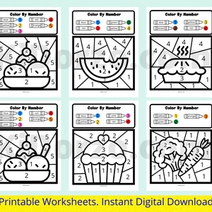 Color by Number Kids Printable Worksheets, Food Theme Coloring Pages ...