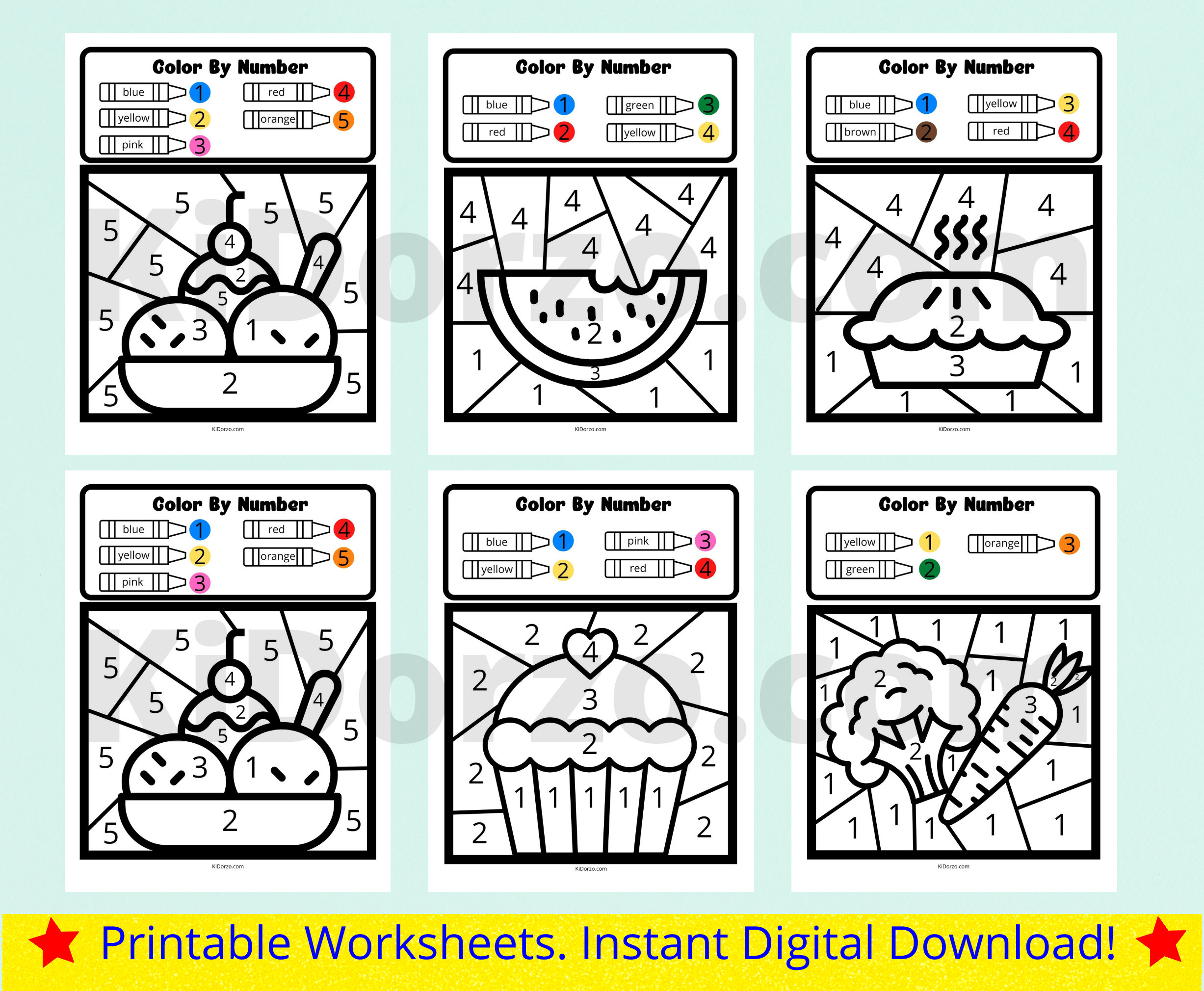 Color by Number Kids Printable Worksheets, Food Theme Coloring Pages ...