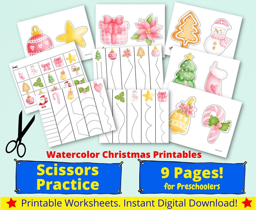 Watercolor Christmas Preschool Scissors Practice Printables, Instant ...