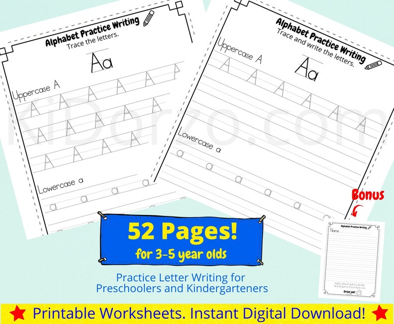 52 Alphabet Tracing Worksheets With BONUS Writing Sheet L Printable ...