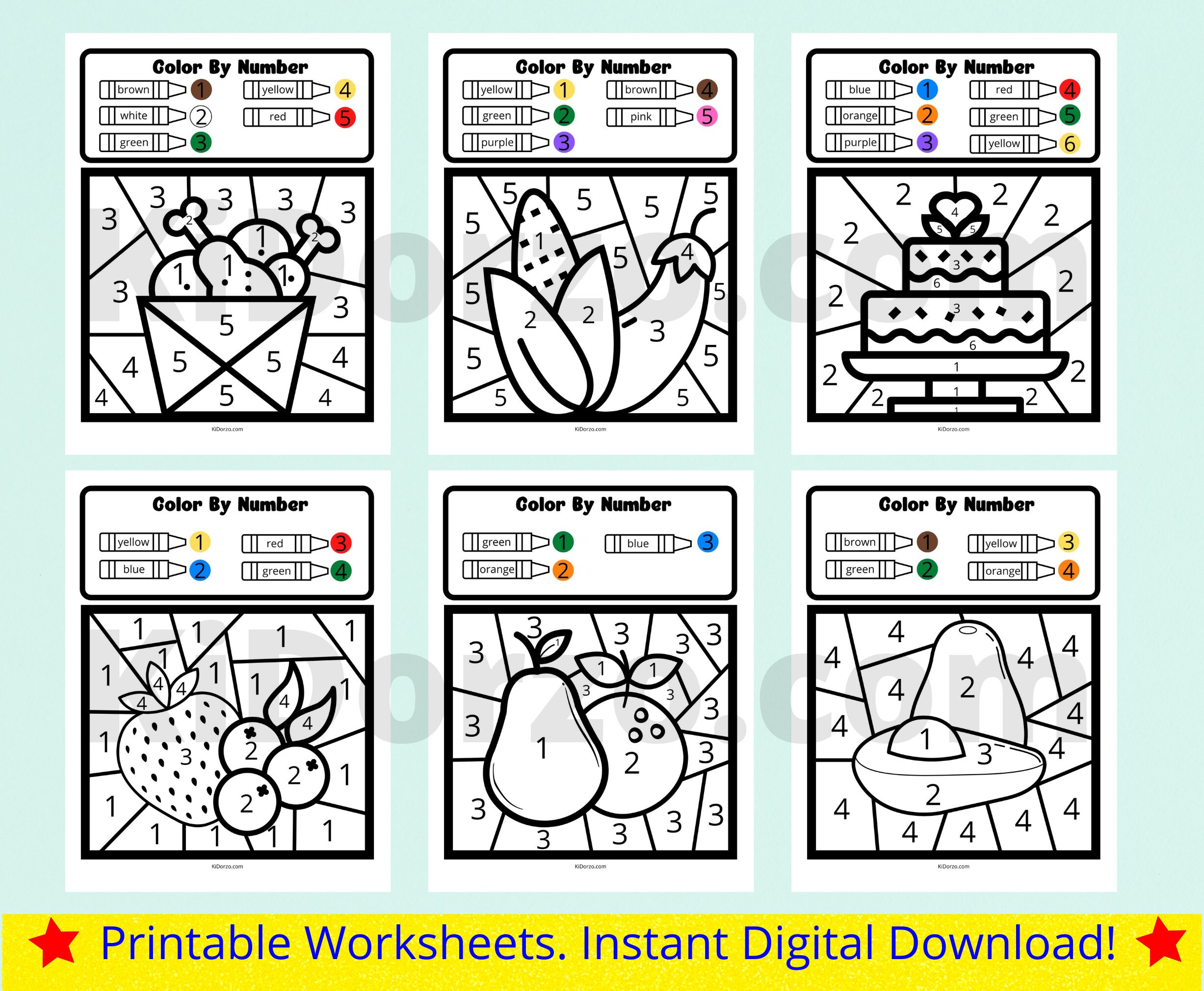 Color by Number Kids Printable Worksheets, Food Theme Coloring Pages ...