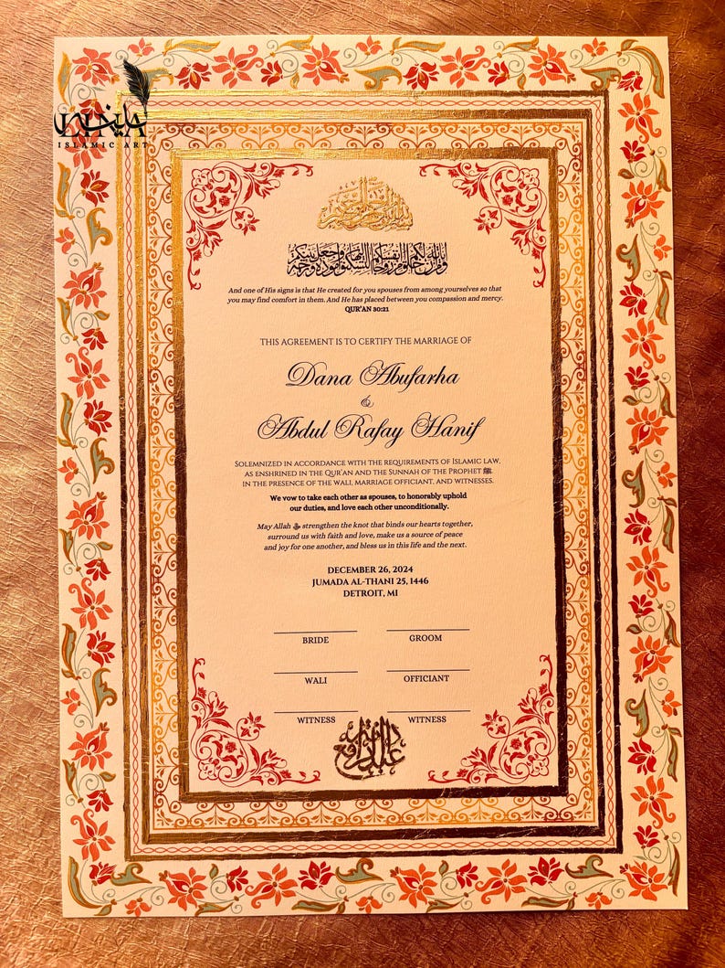 Handpainted Nikkah Certificate, Luxury A3 Islamic Wedding Contract ...
