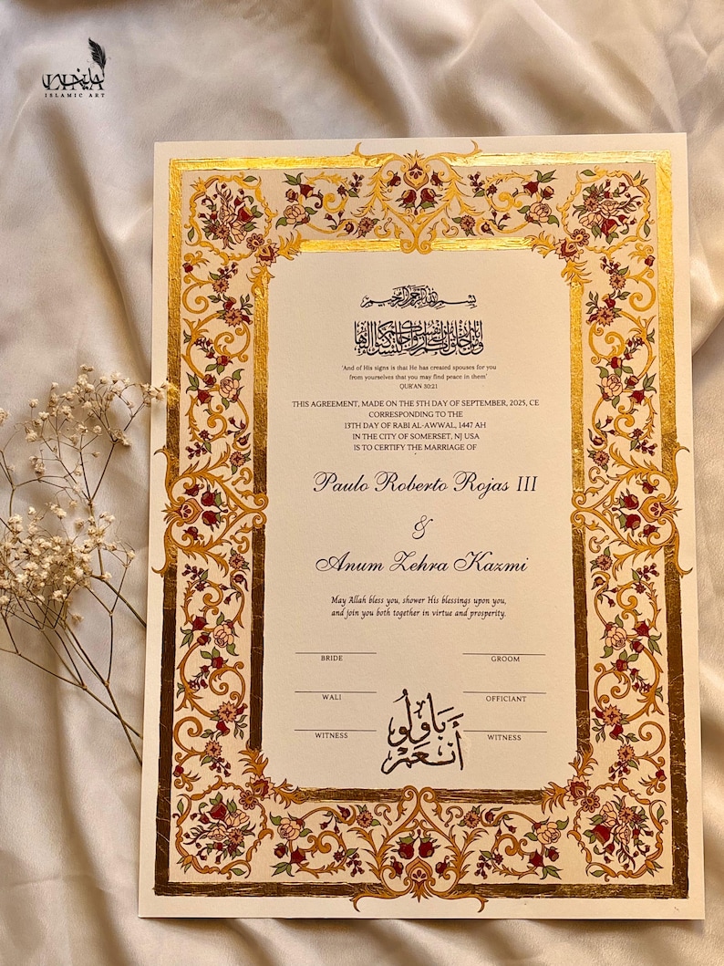 Handpainted Gold Roses Nikkah Certificate: Custom A3 Islamic Wedding ...