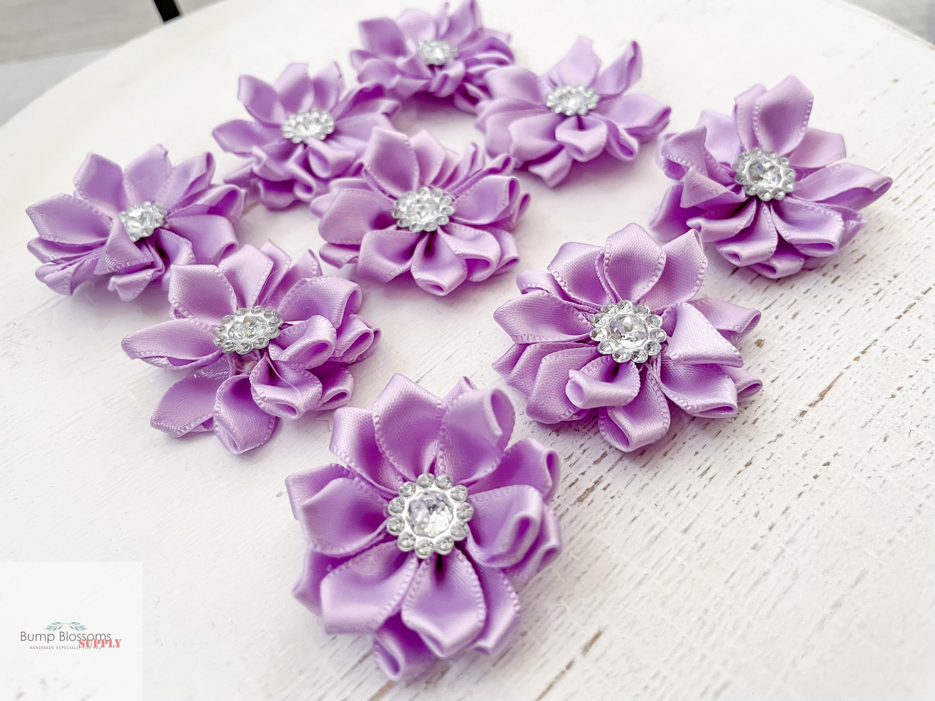 Lavender Purple Ribbon Flower With Crystal Center, Satin Flower, Fabric ...