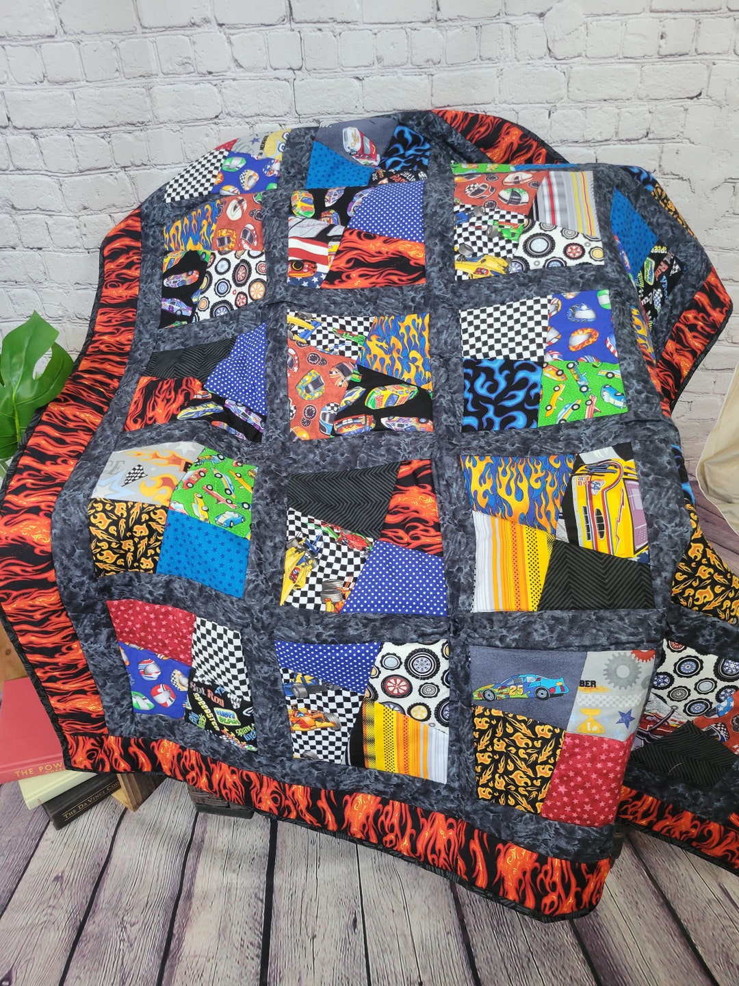 Flaming Fast Race Car Quilt for the Ultimate Race Car Fan Measures 49 ...