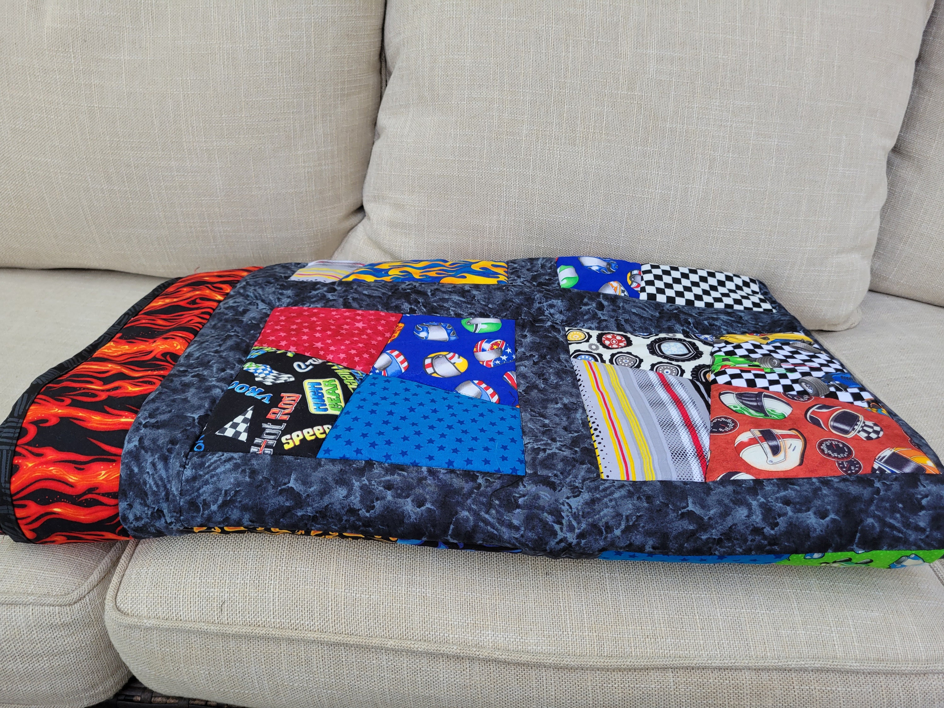 Flaming Fast Race Car Quilt for the Ultimate Race Car Fan Measures 49 ...