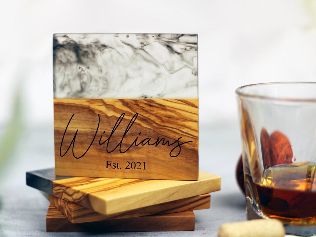 Personalized Coasters, Epoxy Resin Coaster Set, Olive Wood and Resin ...
