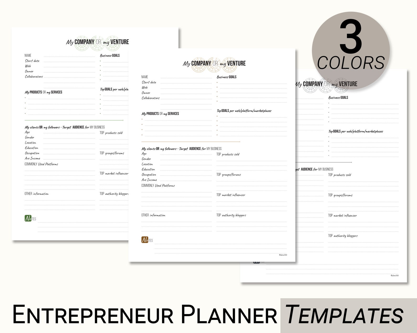 Entrepreneur Planner and Social Platforms 3 Colors: Brown, Green, Gray ...