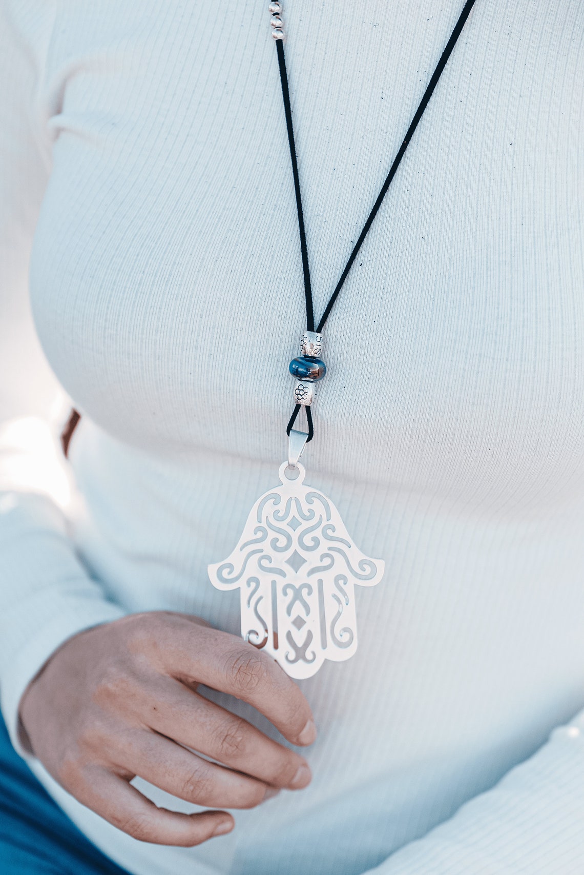 Large Fatima Hand Pendant Necklace, Spiritual Handmade Jewelry, Long ...