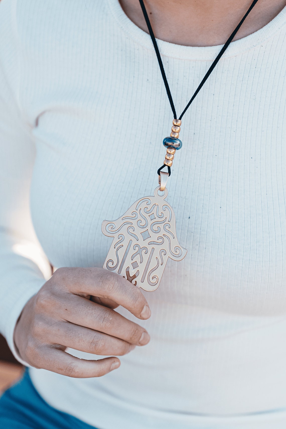 Large Fatima Hand Pendant Necklace, Spiritual Handmade Jewelry, Long ...