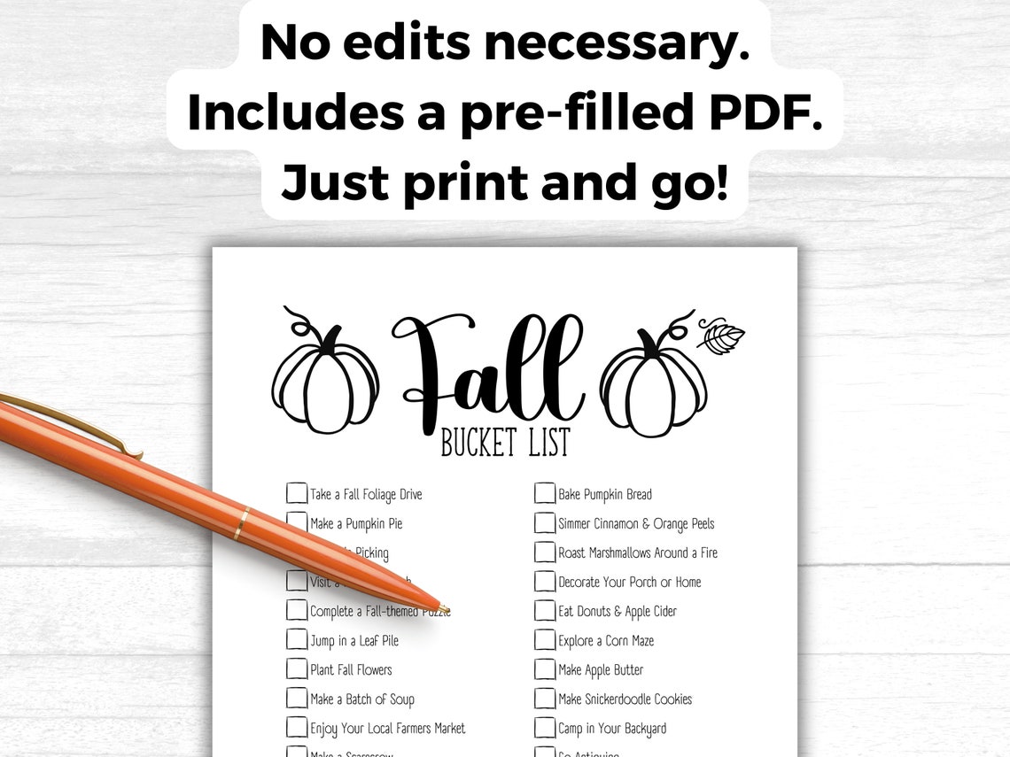 Editable Fall Bucket List, US Letter & A4 Printable, Fall Bucket List ...
