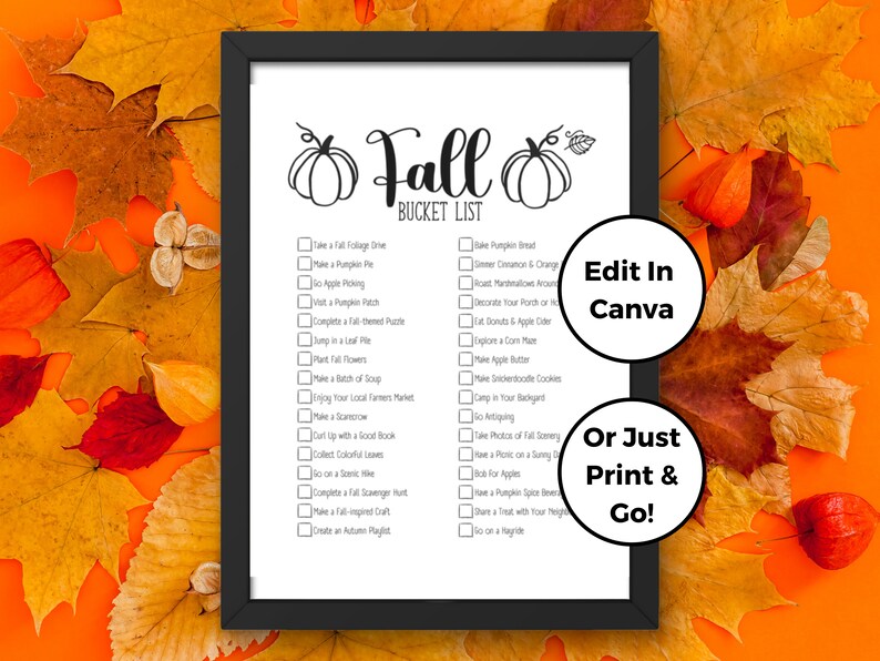 Editable Fall Bucket List, US Letter & A4 Printable, Fall Bucket List ...