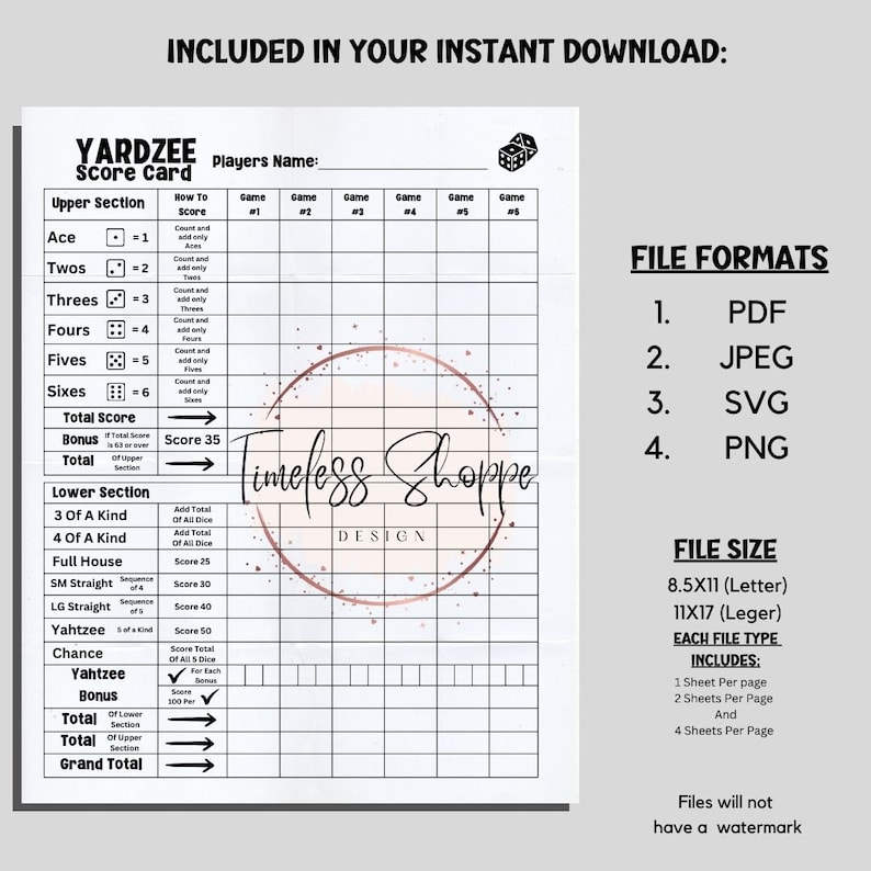 Yardzee Printable, Yardzee Game, Game Template, Printable Pdf Png, Svg ...