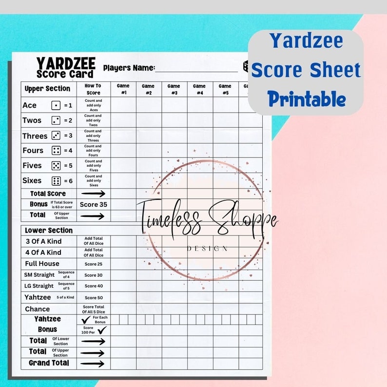 Yardzee Score Card Printable, US Letter & 11x17 (digital Download) - Etsy