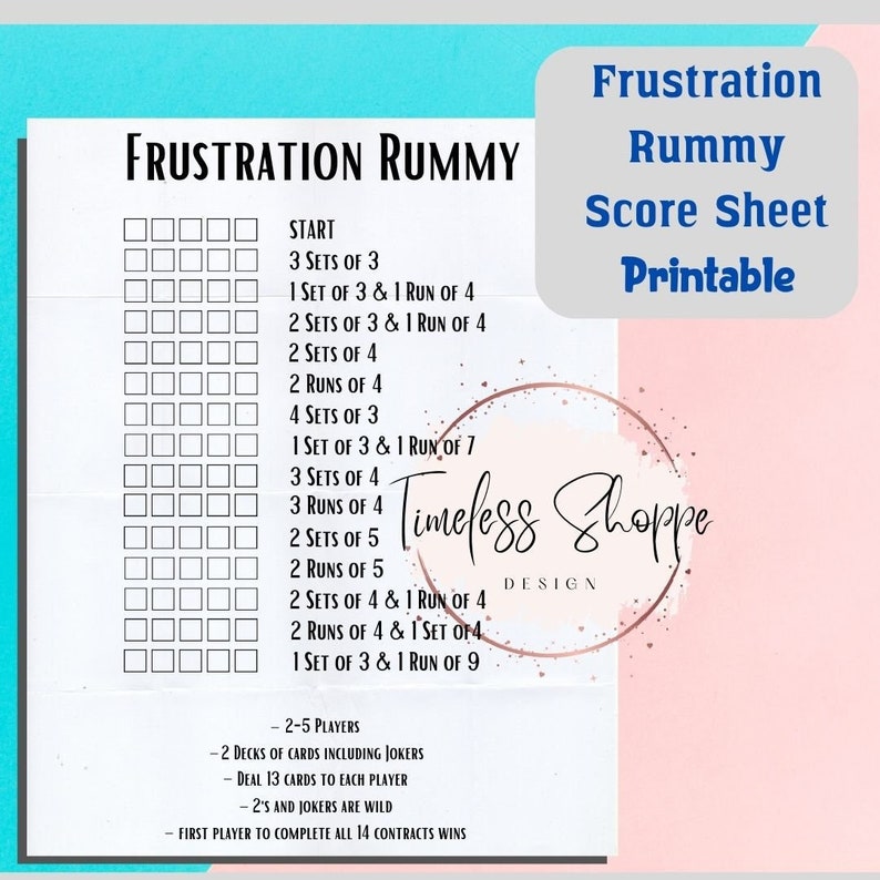 Frustration Rummy, Frustration Rummy Score Sheet, Frustration Rummy ...